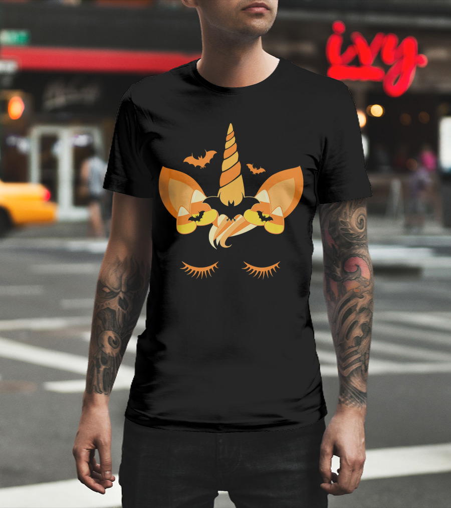 Halloween Unicorn Candy Corn Bat Ears Eyelashes T-Shirt