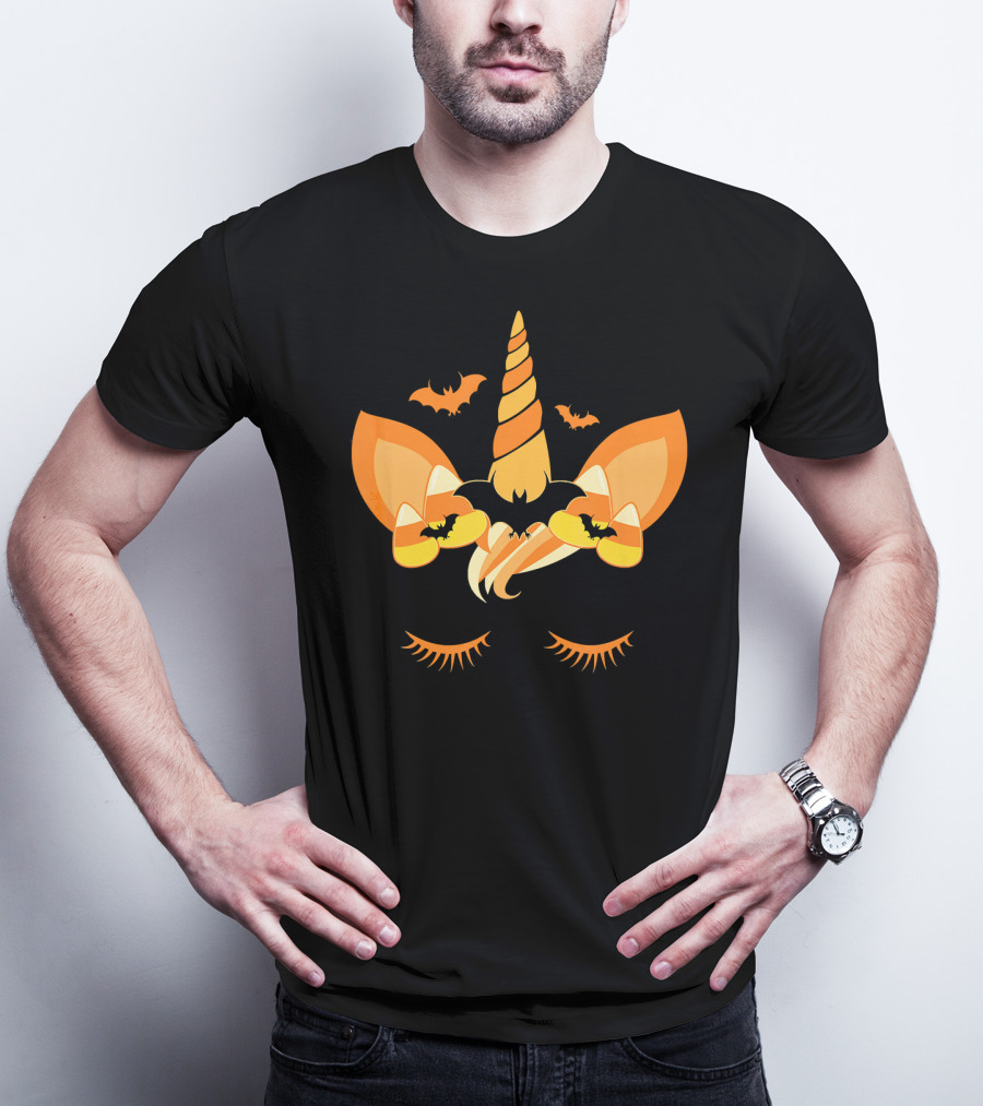 Halloween Unicorn Candy Corn Bat Ears Eyelashes T-Shirt