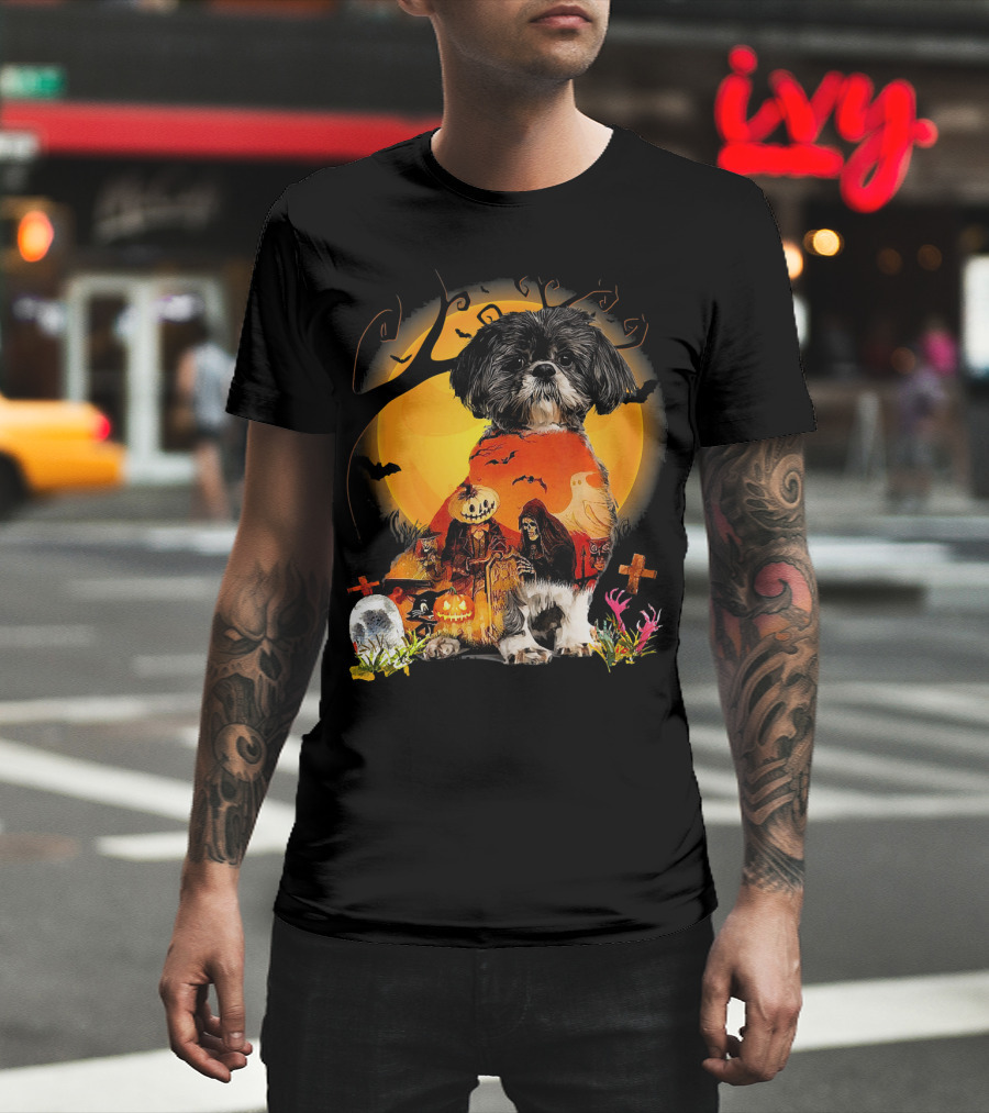 Shih Tzu Halloween Night With Pumpkins, Ghosts, And Full Moon T-Shirt