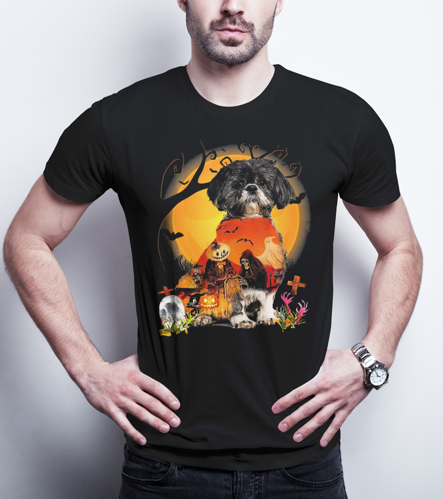 Shih Tzu Halloween Night With Pumpkins, Ghosts, And Full Moon T-Shirt