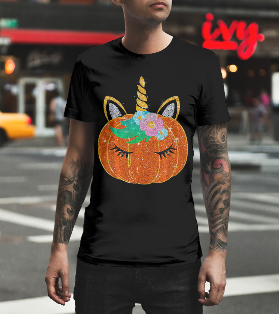 Sparkly Unicorn Pumpkin Halloween T-Shirt