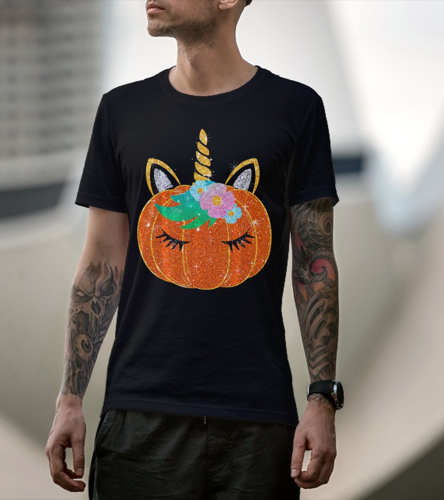 Sparkly Unicorn Pumpkin Halloween T-Shirt