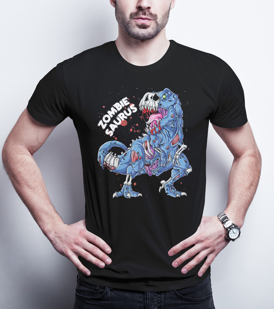 Zombie Saurus Halloween Kids Dinosaur Skeleton Blue T-Shirt