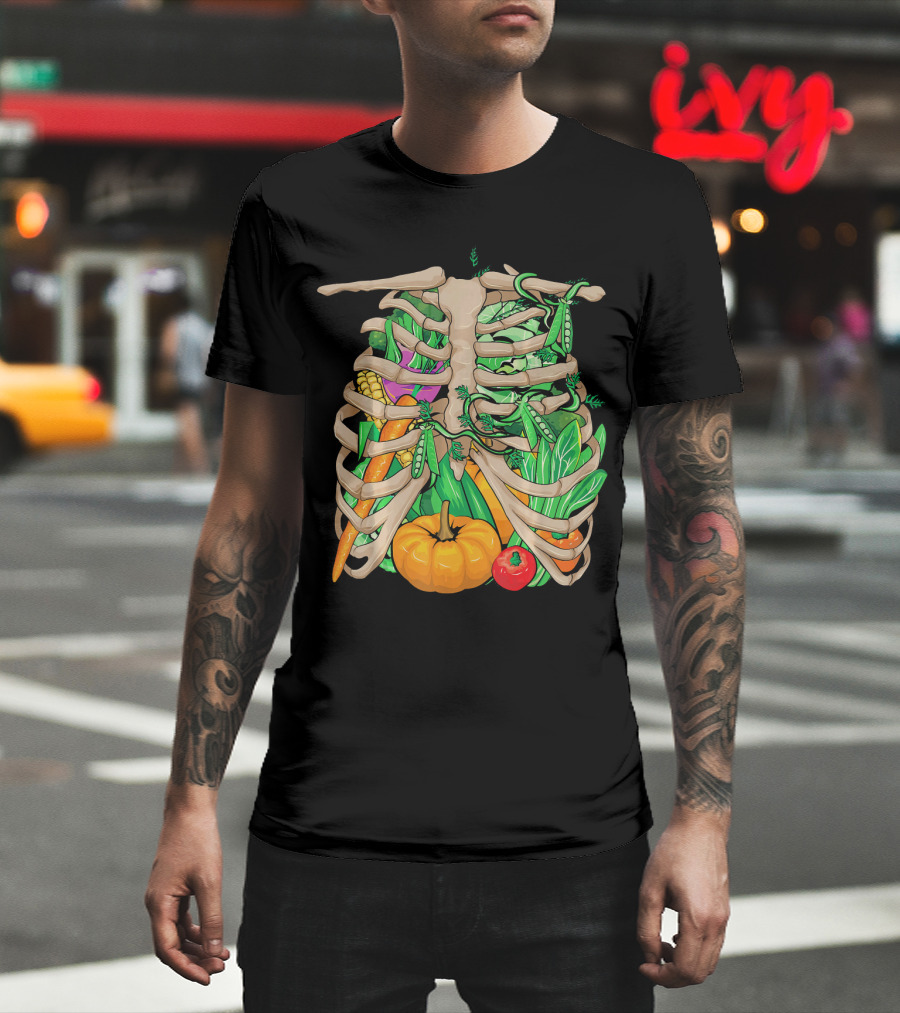 Cool Vegetable Skeleton Halloween Costume Vegetables Ribs Pumpkin Peas Corn Carrot T-Shirt