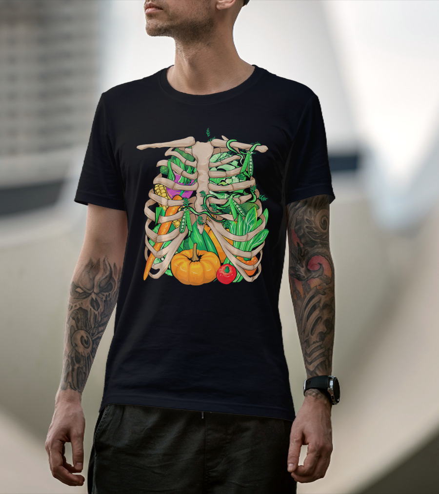 Cool Vegetable Skeleton Halloween Costume Vegetables Ribs Pumpkin Peas Corn Carrot T-Shirt