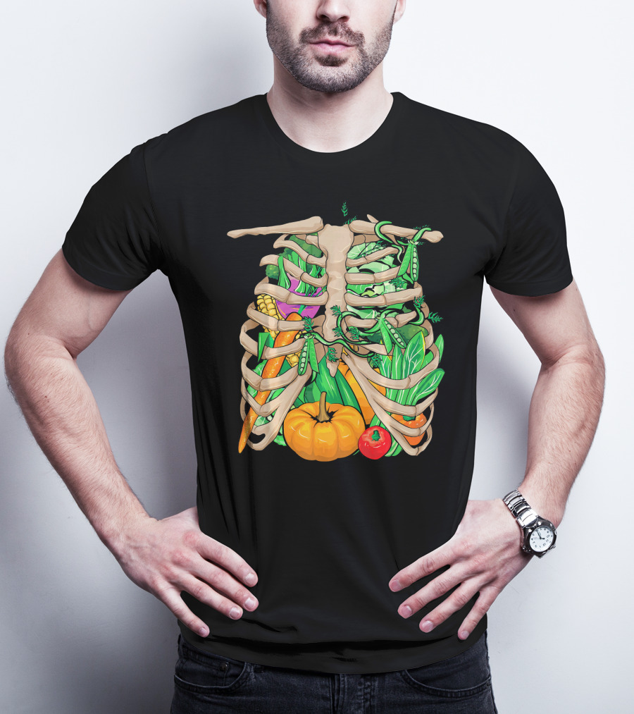 Cool Vegetable Skeleton Halloween Costume Vegetables Ribs Pumpkin Peas Corn Carrot T-Shirt