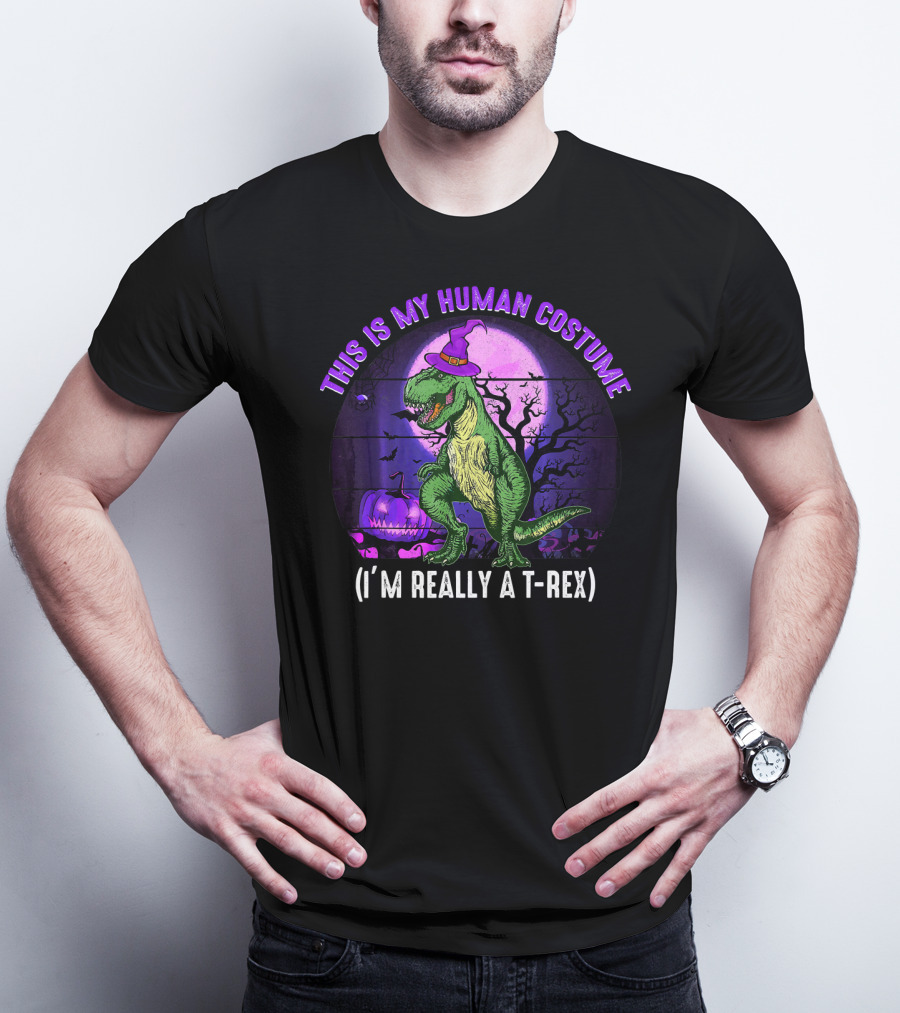 This Is My Human Costume I'm Really A T-Rex Funny Dinosaur Halloween Moon Wizard Hat T-Shirt