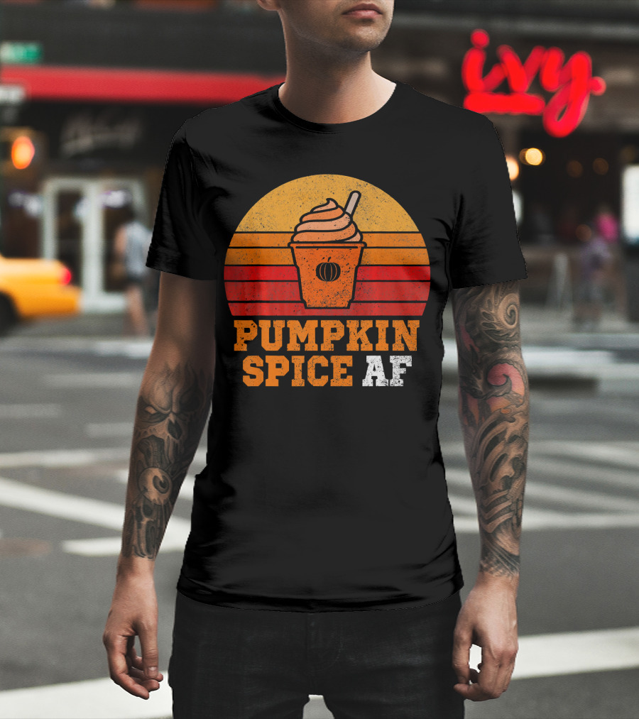 Pumpkin Spice AF Funny Men Husband Pumpkin Cup Retro Stripes T-Shirt