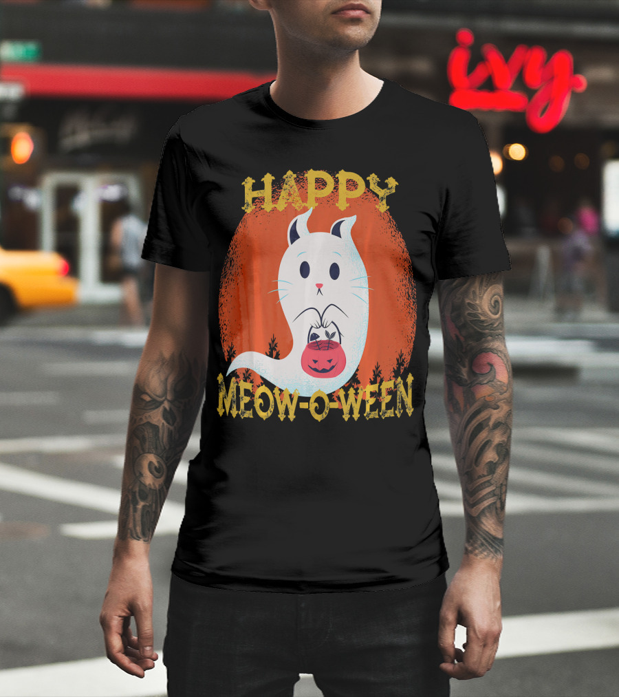 Happy Meow O Ween Cat Ghost With Pumpkin Bag T-Shirt