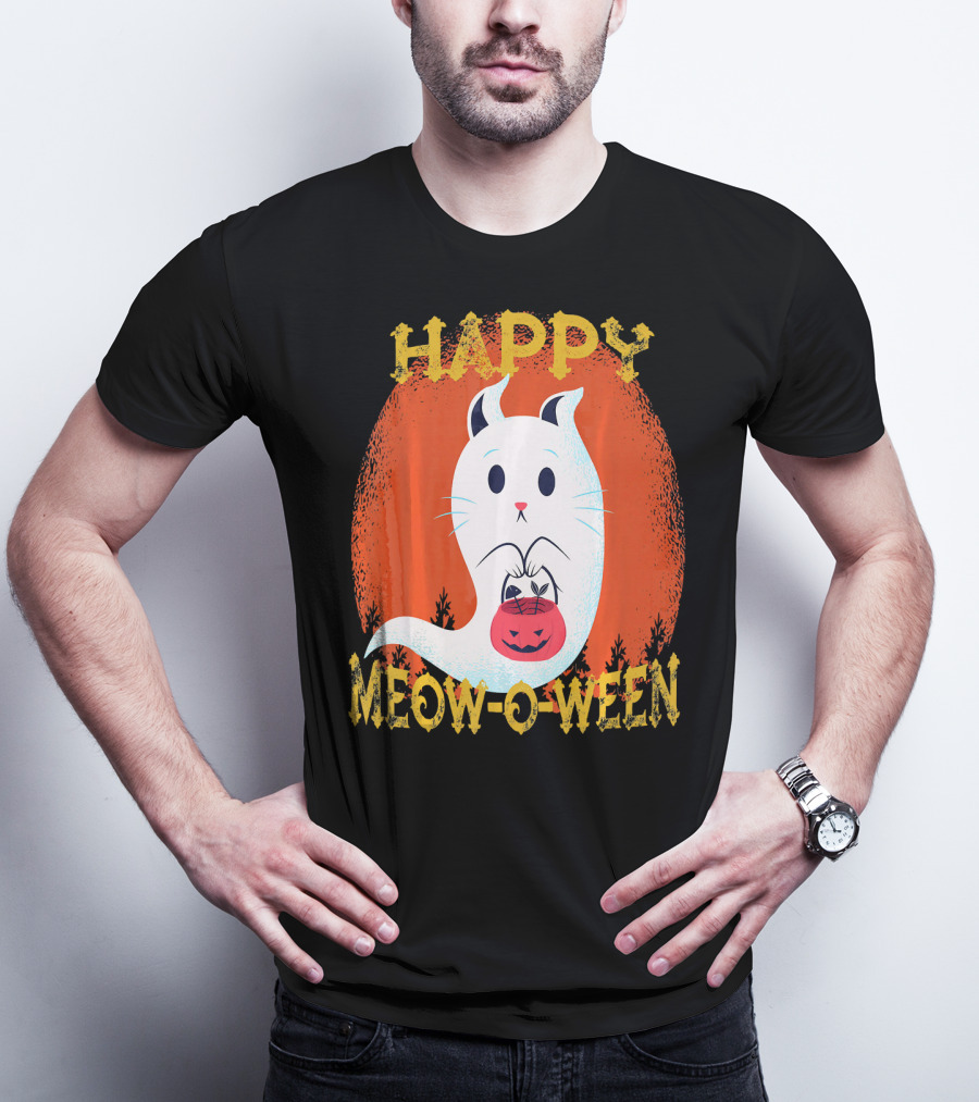 Happy Meow O Ween Cat Ghost With Pumpkin Bag T-Shirt