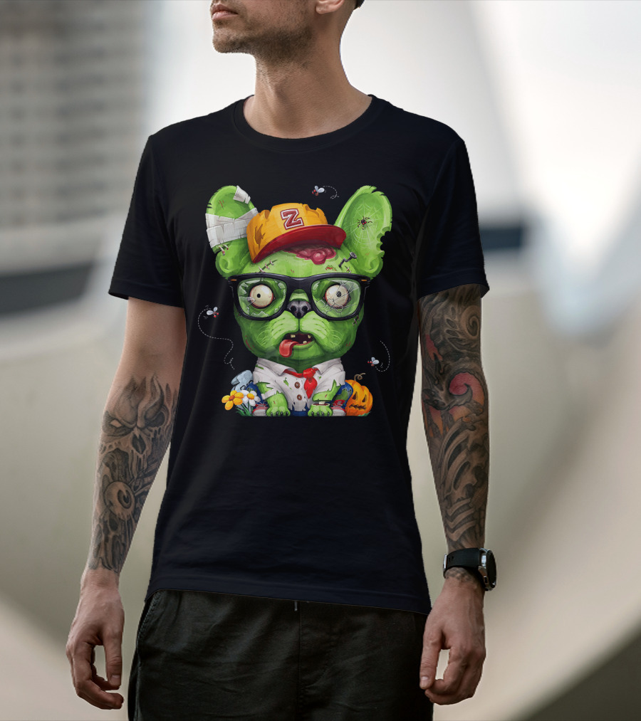 French Bulldog Wearing Zombie Glasses Halloween Hat T-Shirt