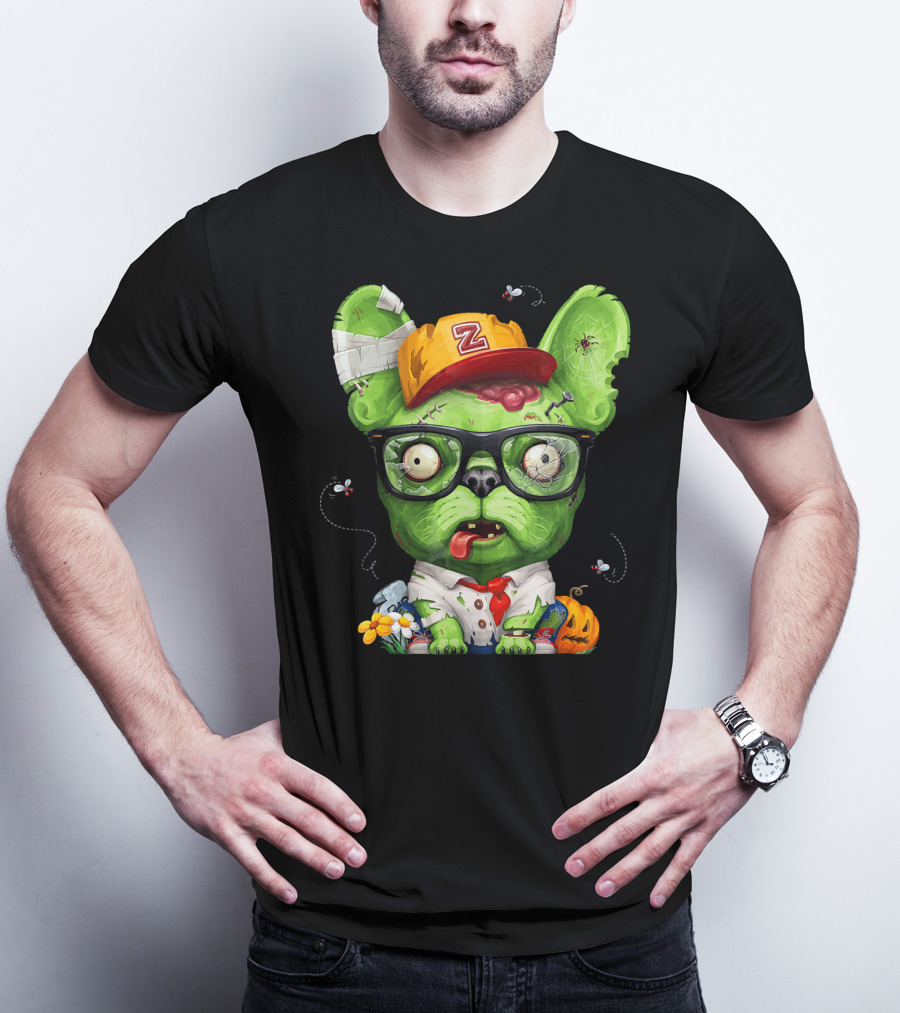 French Bulldog Wearing Zombie Glasses Halloween Hat T-Shirt