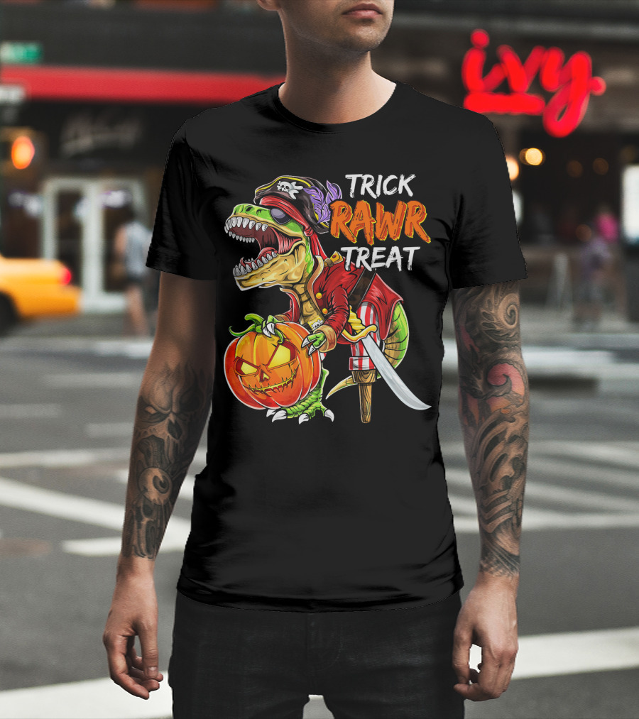 Trick Rawr Treat Pirate Dinosaur Halloween Pumpkin Jack T-Shirt