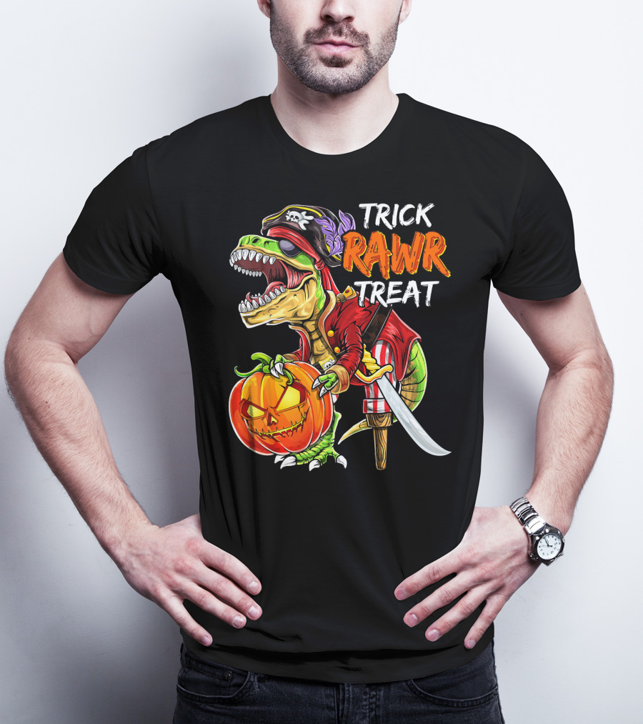 Trick Rawr Treat Pirate Dinosaur Halloween Pumpkin Jack T-Shirt