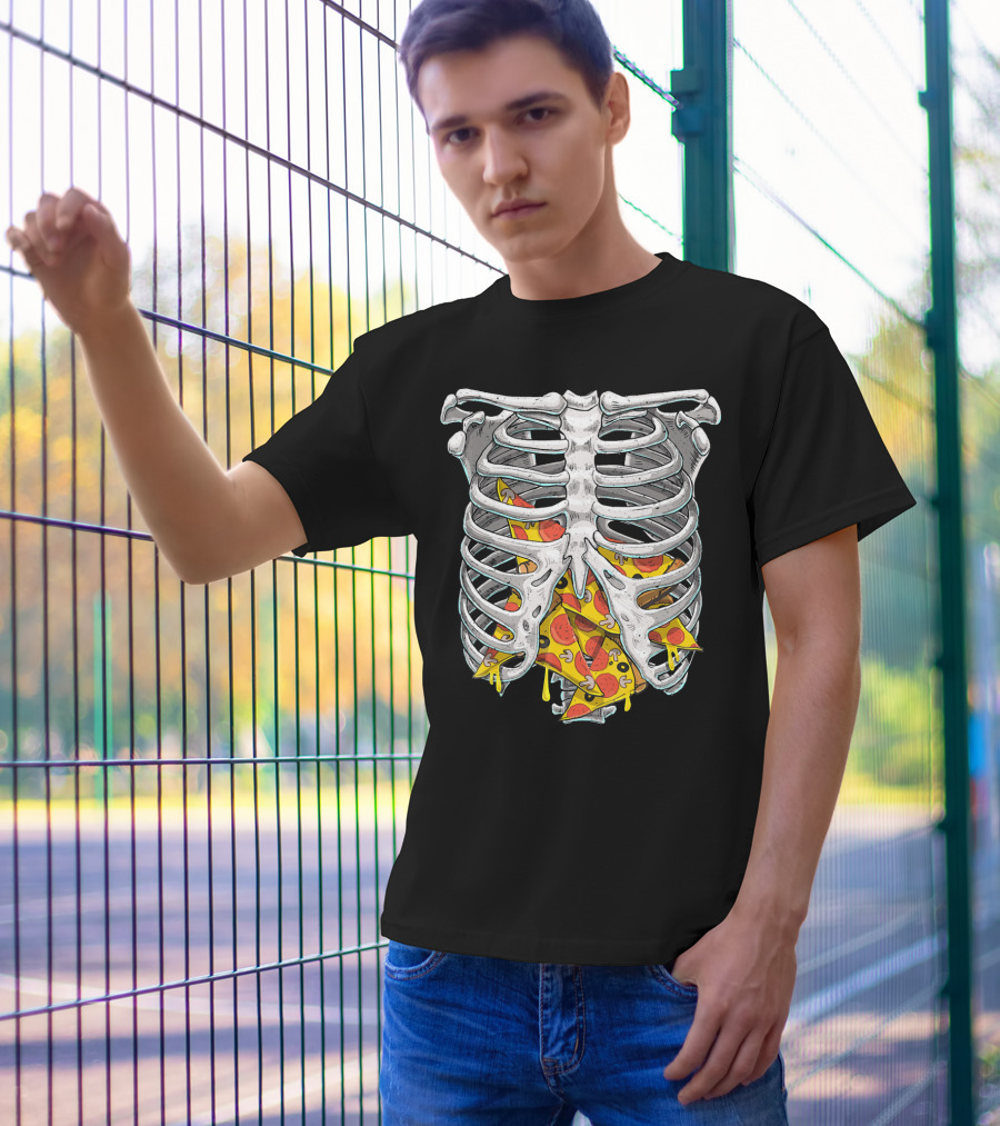 Skeleton Rib Cage Halloween Pizza Slices Inside T-Shirt