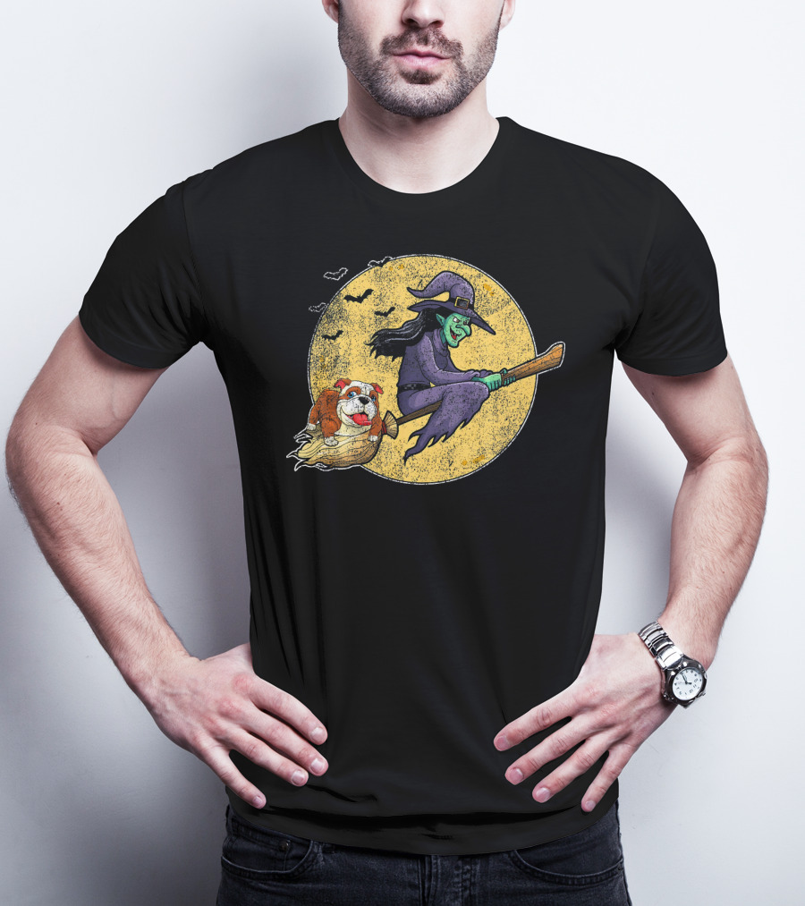 Halloween Witch Bulldog Dog Lovers Flying Grunge Full Moon Scene T-Shirt