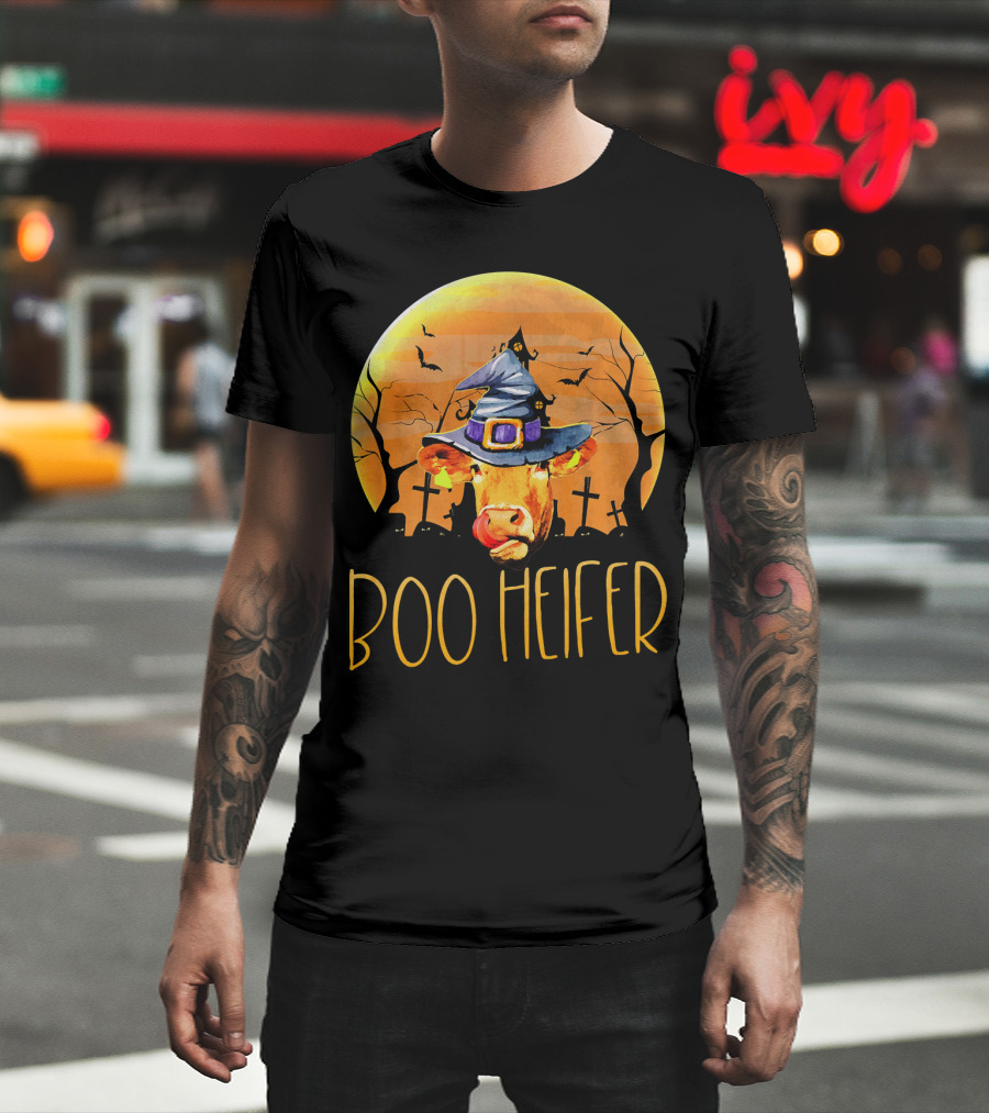 Boo Heifer Halloween Cow In Witch Hat With Graveyard And Bats T-Shirt