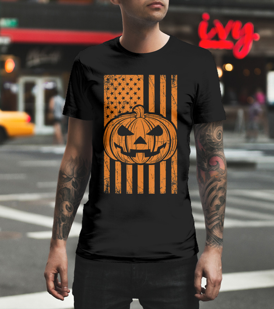 American Flag Grunge Pumpkin Halloween Las T-Shirt