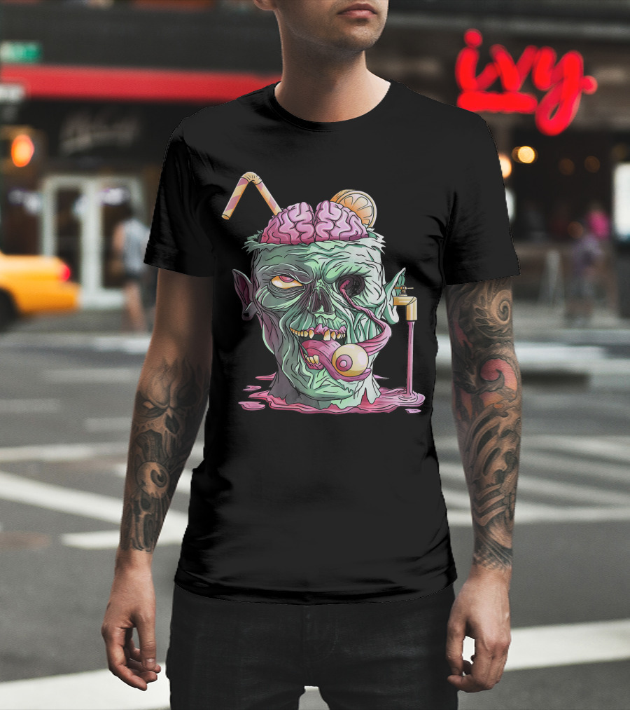 Zombie Face Brain Halloween Zombies Straw Brain Drink Eyeball Tongue T-Shirt