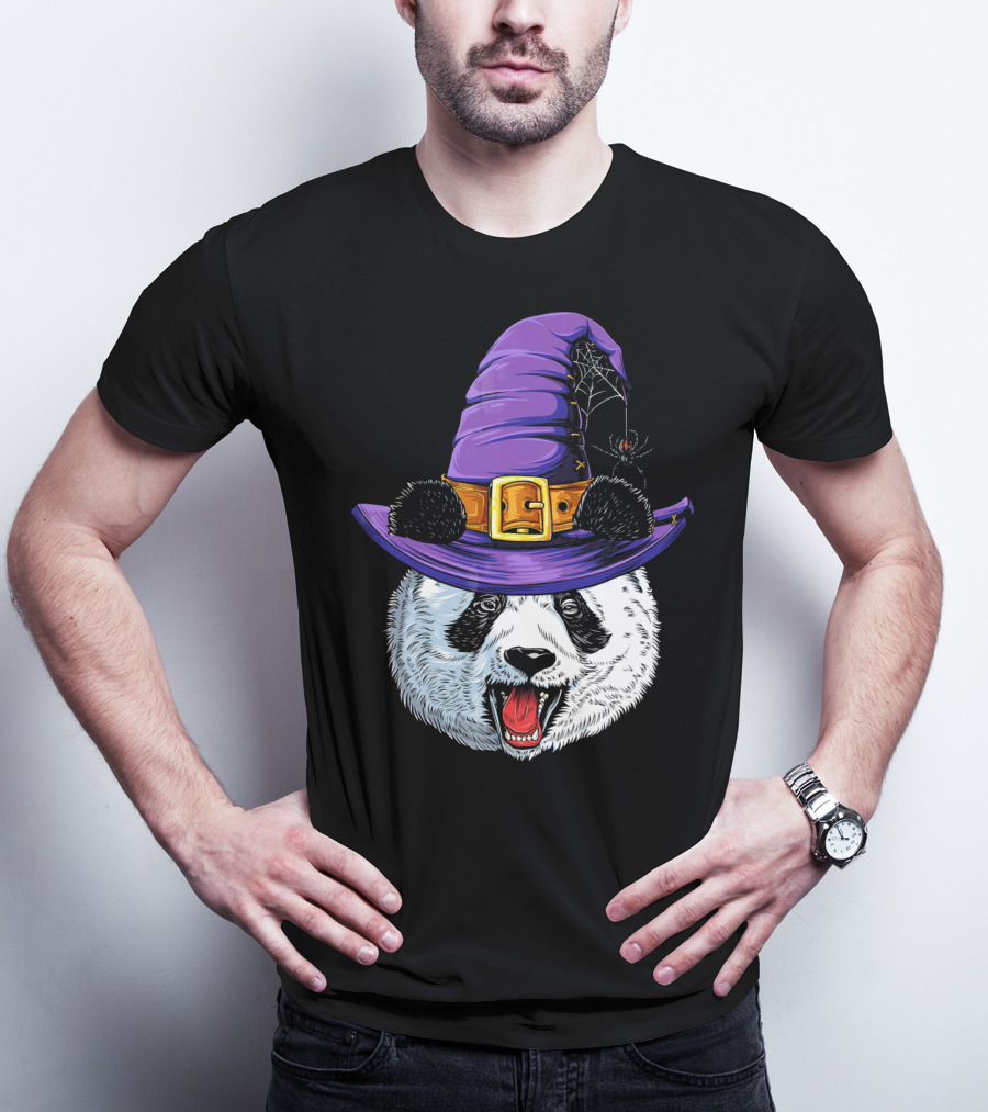 Panda Wearing Witch Hat With Spider Halloween T-Shirt