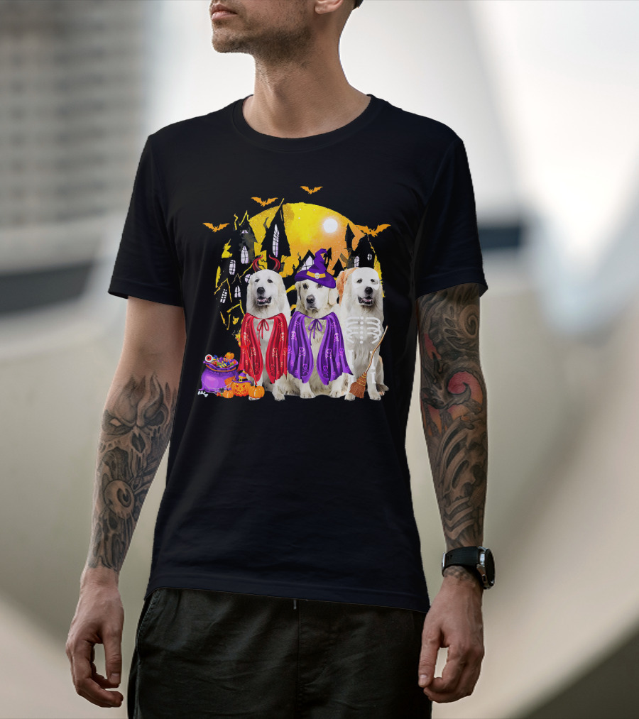 Great Pyrenees Dog Family Of Three Halloween Costumes Moonlit Night T-Shirt