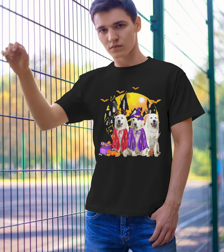 Great Pyrenees Dog Family Of Three Halloween Costumes Moonlit Night T-Shirt