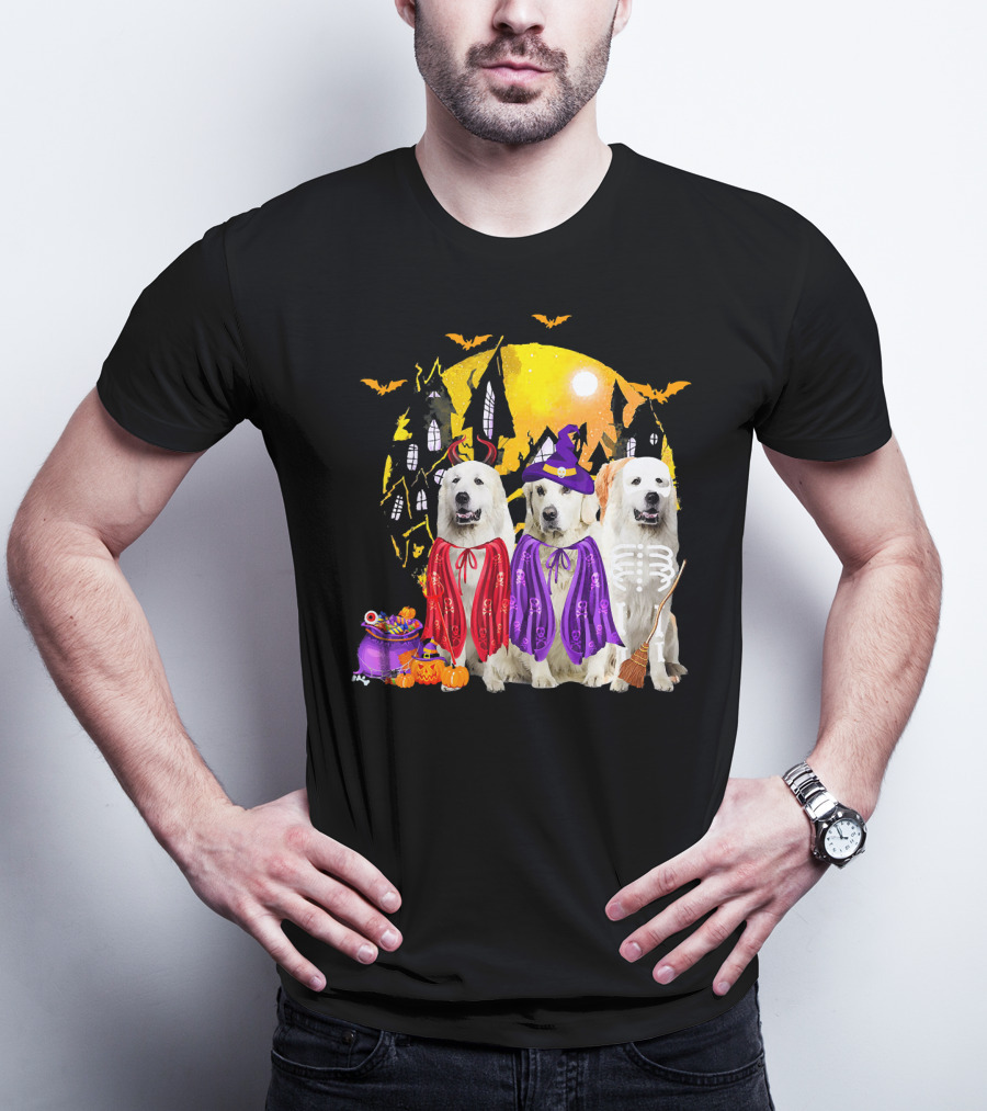 Great Pyrenees Dog Family Of Three Halloween Costumes Moonlit Night T-Shirt