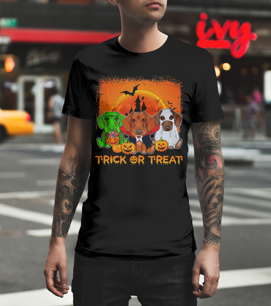 Halloween Dachshund Trio Trick Or Treat With Pumpkins And Moon Background T-Shirt