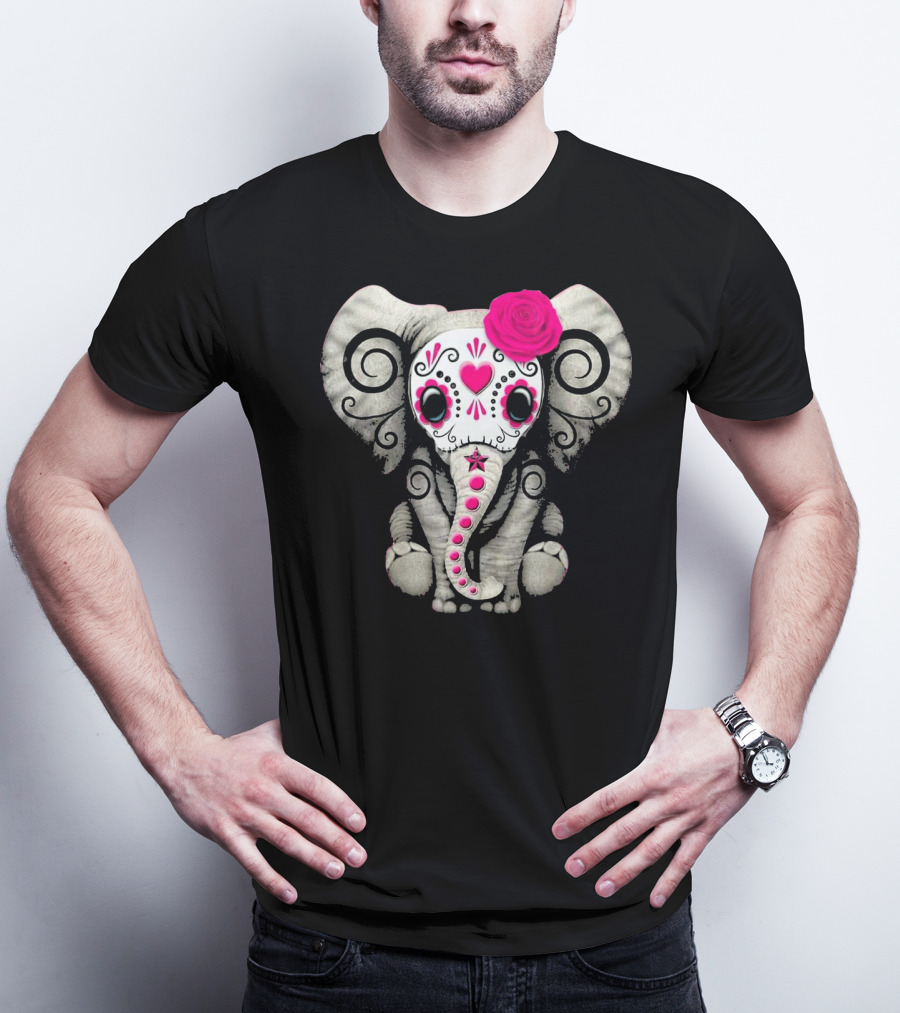 Dead Sugar Skull Elephant Pink Flower T-Shirt