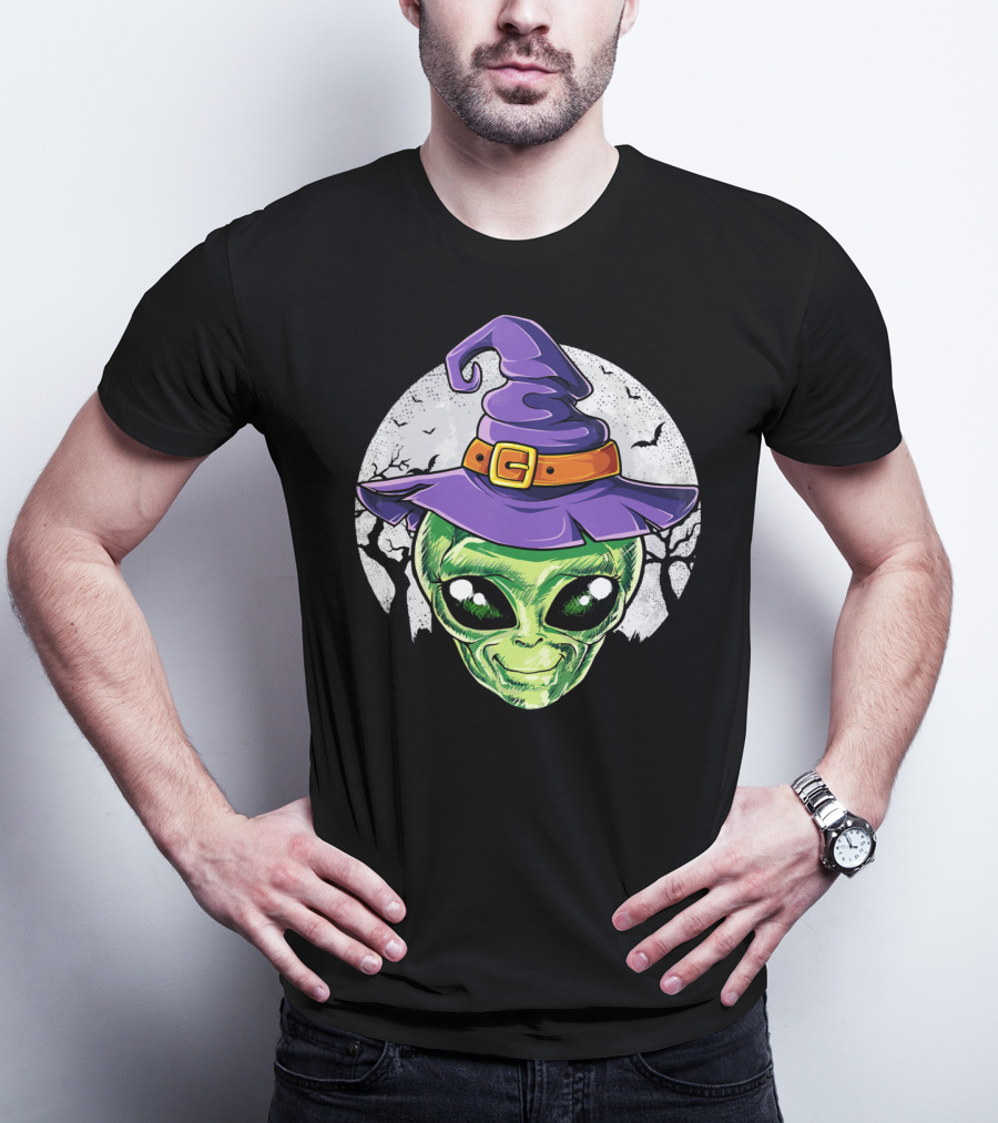Alien Witch Hat With Moon And Bats T-Shirt