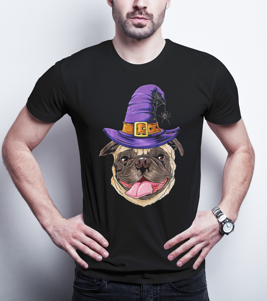 Pug With Witch Hat And Spider Halloween T-Shirt
