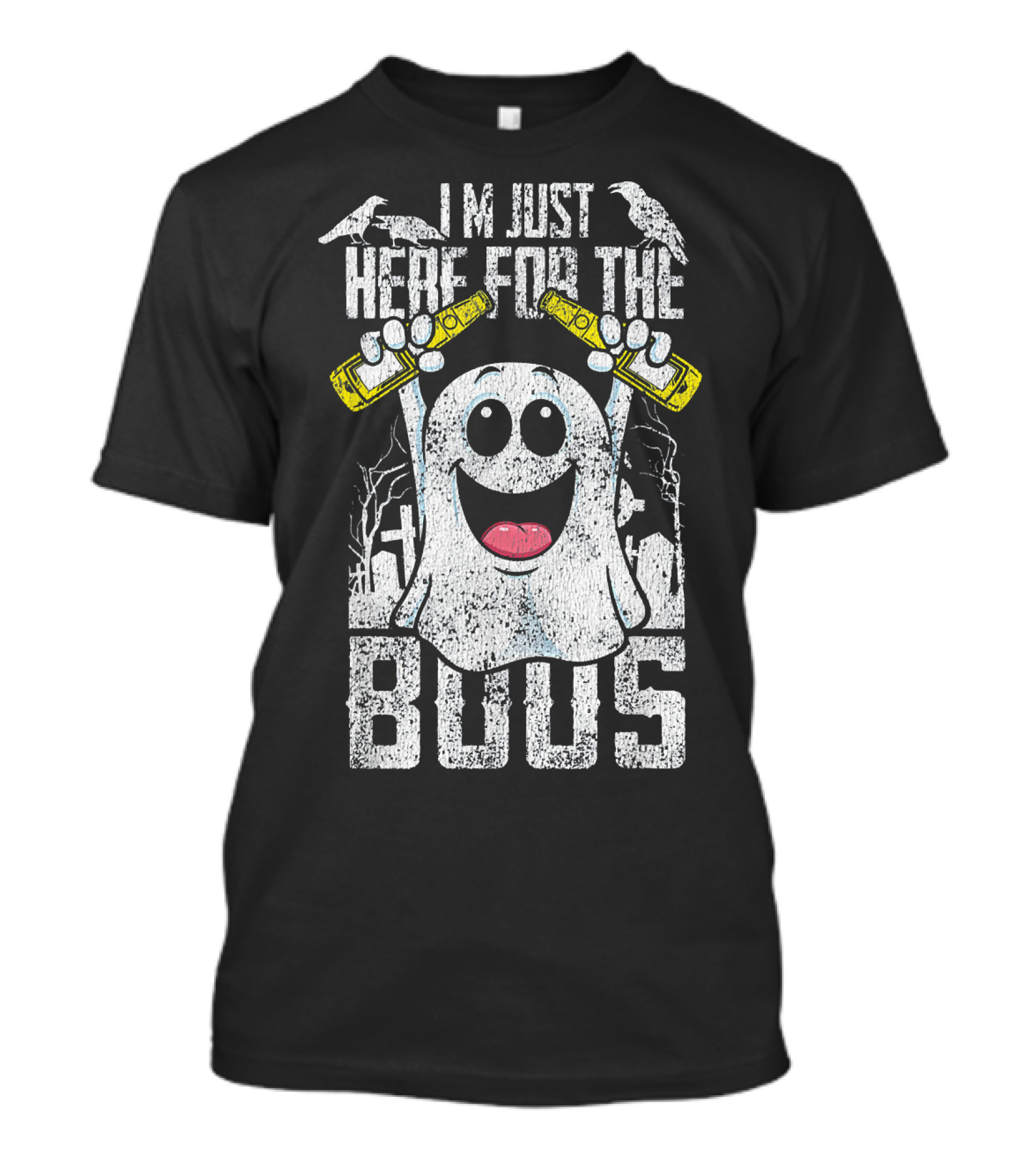 I Am Just Here For The Boos With Ghost Holding Bottles And Ravens Halloween T-Shirt