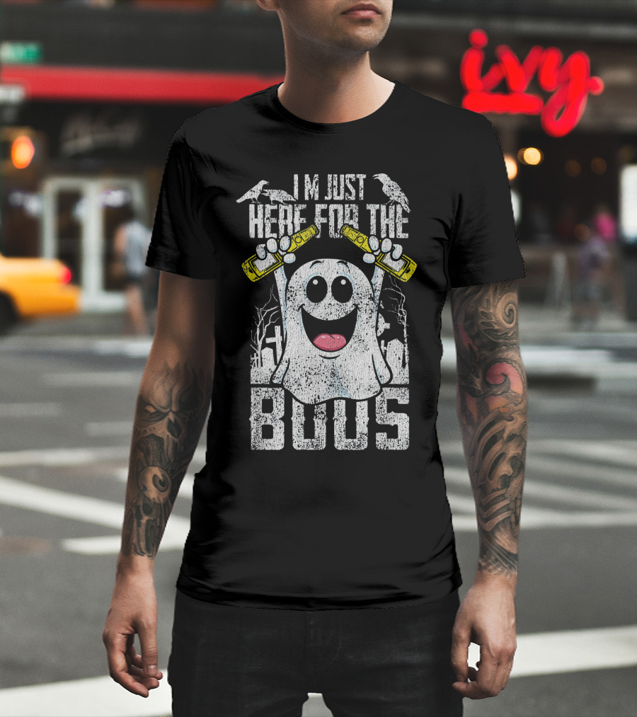 I Am Just Here For The Boos With Ghost Holding Bottles And Ravens Halloween T-Shirt