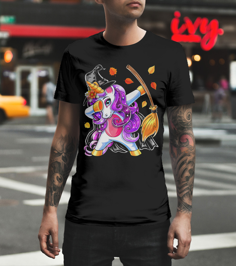 Dabbing Unicorn Halloween Witch With Magical Broom And Autumn Leaves T-Shirt