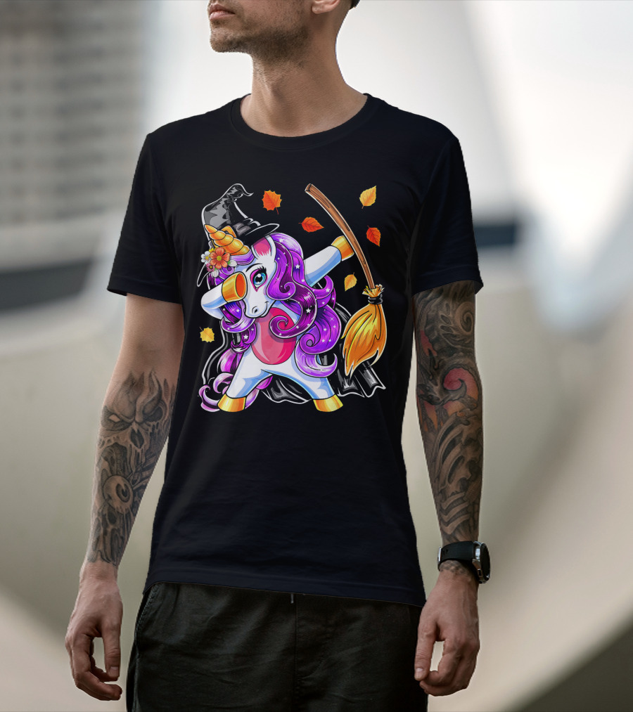 Dabbing Unicorn Halloween Witch With Magical Broom And Autumn Leaves T-Shirt