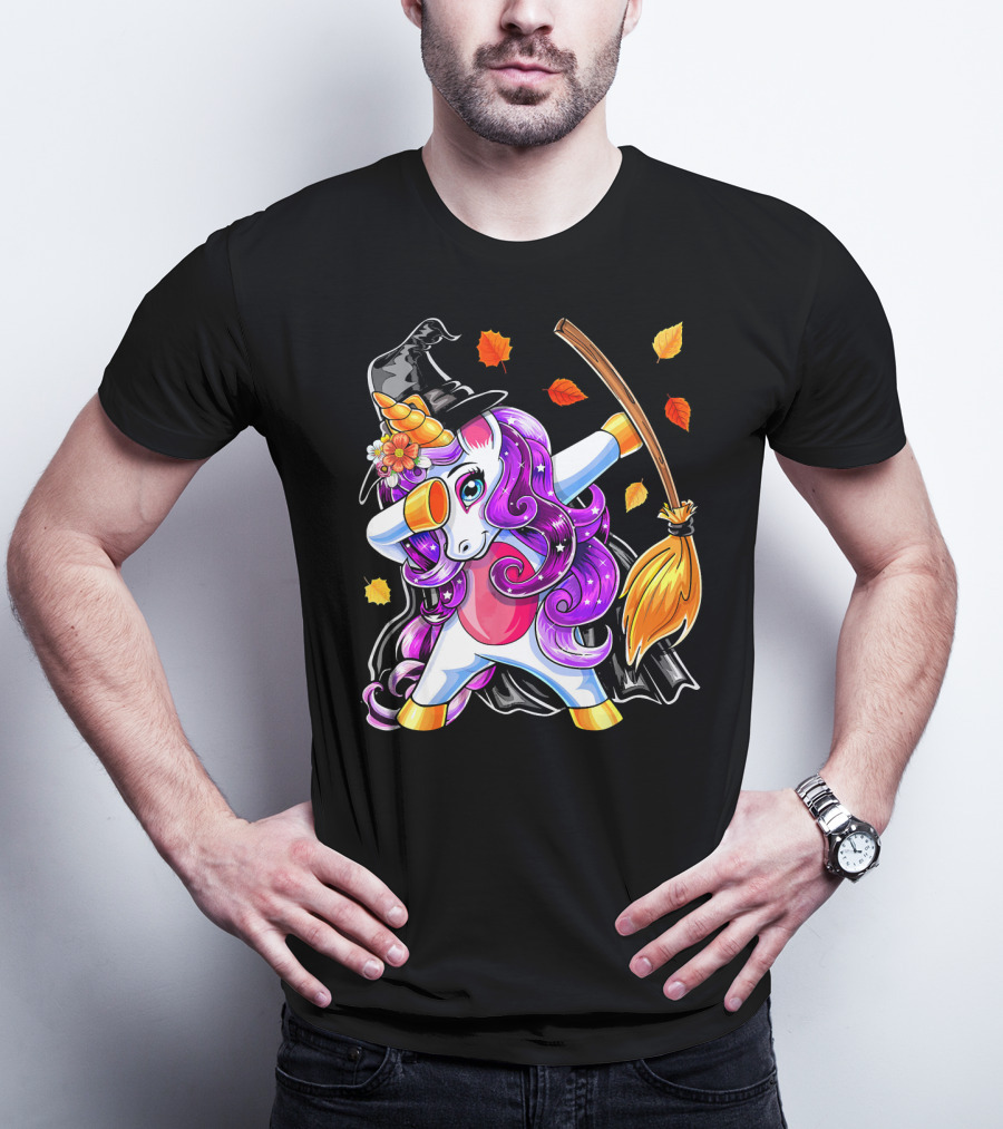 Dabbing Unicorn Halloween Witch With Magical Broom And Autumn Leaves T-Shirt