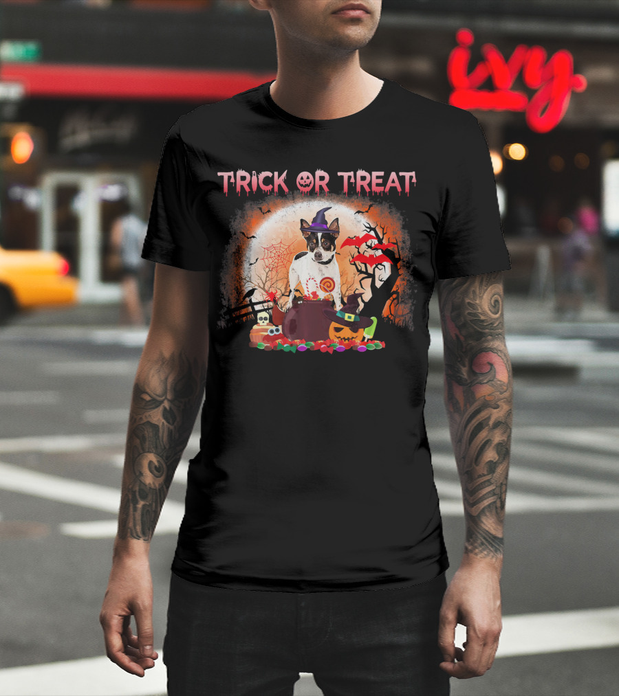 Trick Or Treat Rat Terrier Halloween With Witch Hat, Bats, And Pumpkins T-Shirt