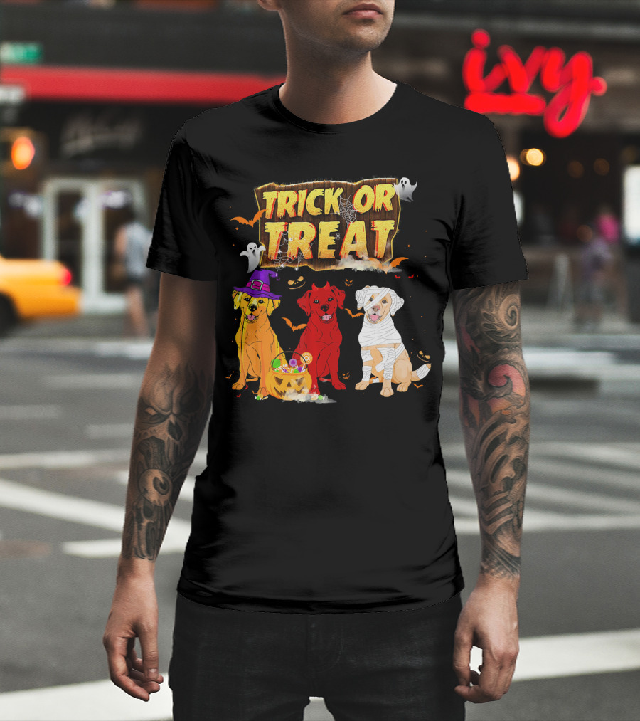 Trick Or Treat Three Labrador Retrievers Halloween Pumpkin Candy Ghosts T-Shirt