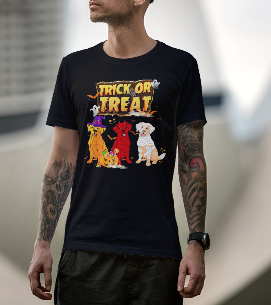 Trick Or Treat Three Labrador Retrievers Halloween Pumpkin Candy Ghosts T-Shirt