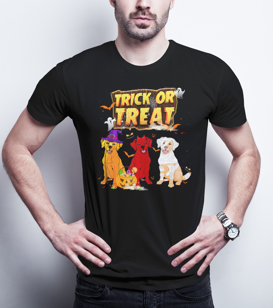 Trick Or Treat Three Labrador Retrievers Halloween Pumpkin Candy Ghosts T-Shirt