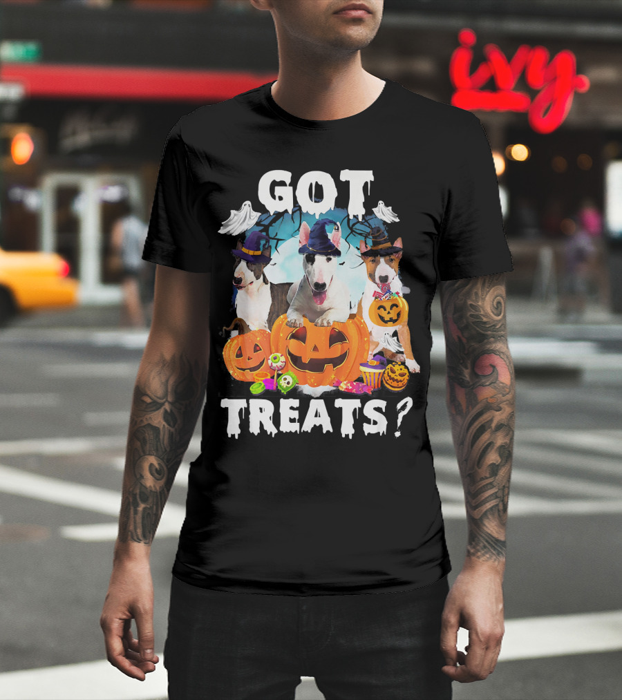 Got Treats Bull Terrier Halloween Ghosts Pumpkins T-Shirt