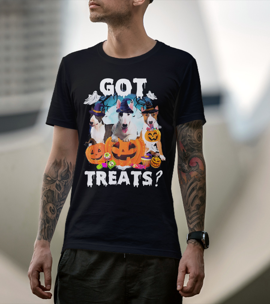Got Treats Bull Terrier Halloween Ghosts Pumpkins T-Shirt