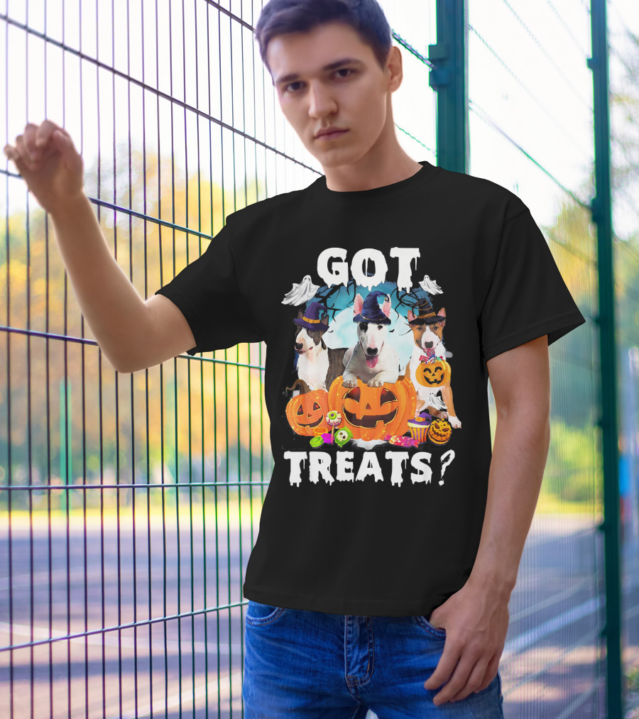 Got Treats Bull Terrier Halloween Ghosts Pumpkins T-Shirt