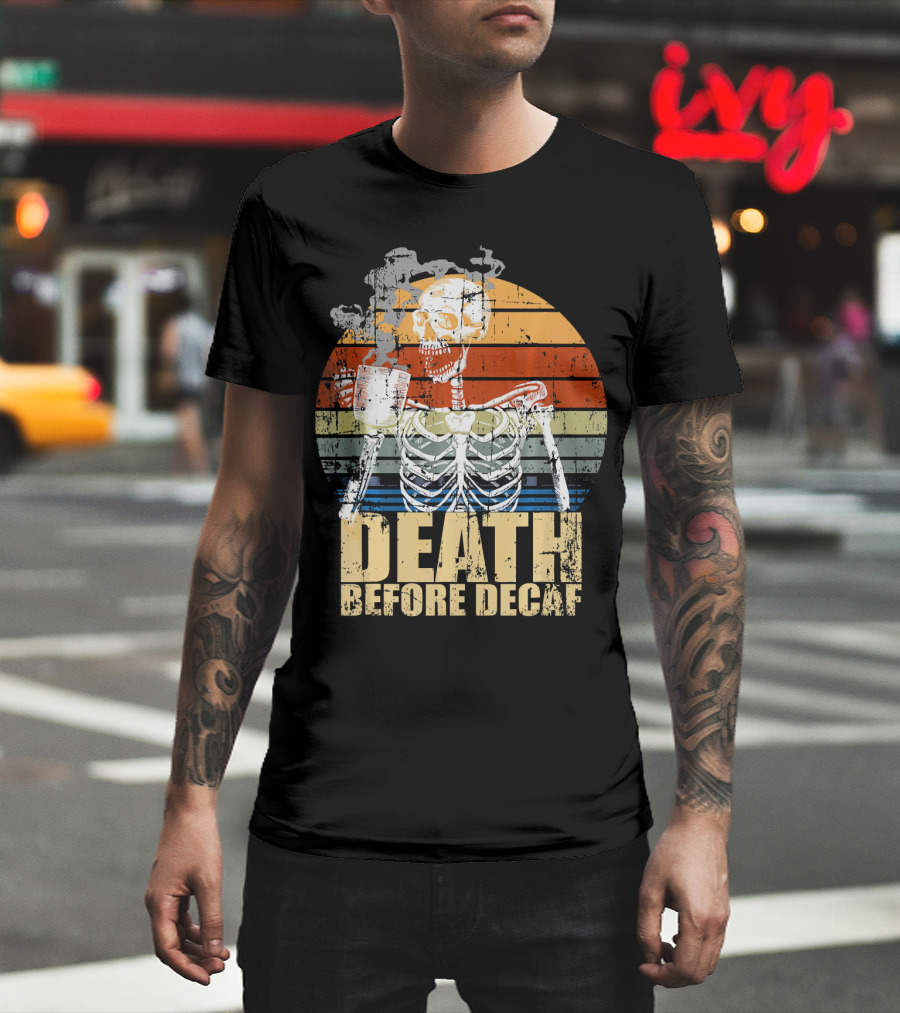 Vintage Death Before Decaf Coffee Skeleton Retro Sunset T-Shirt
