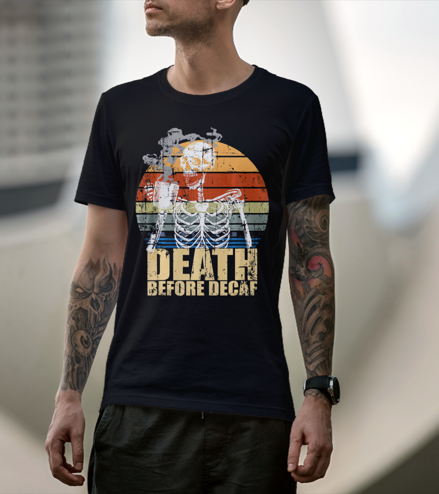Vintage Death Before Decaf Coffee Skeleton Retro Sunset T-Shirt