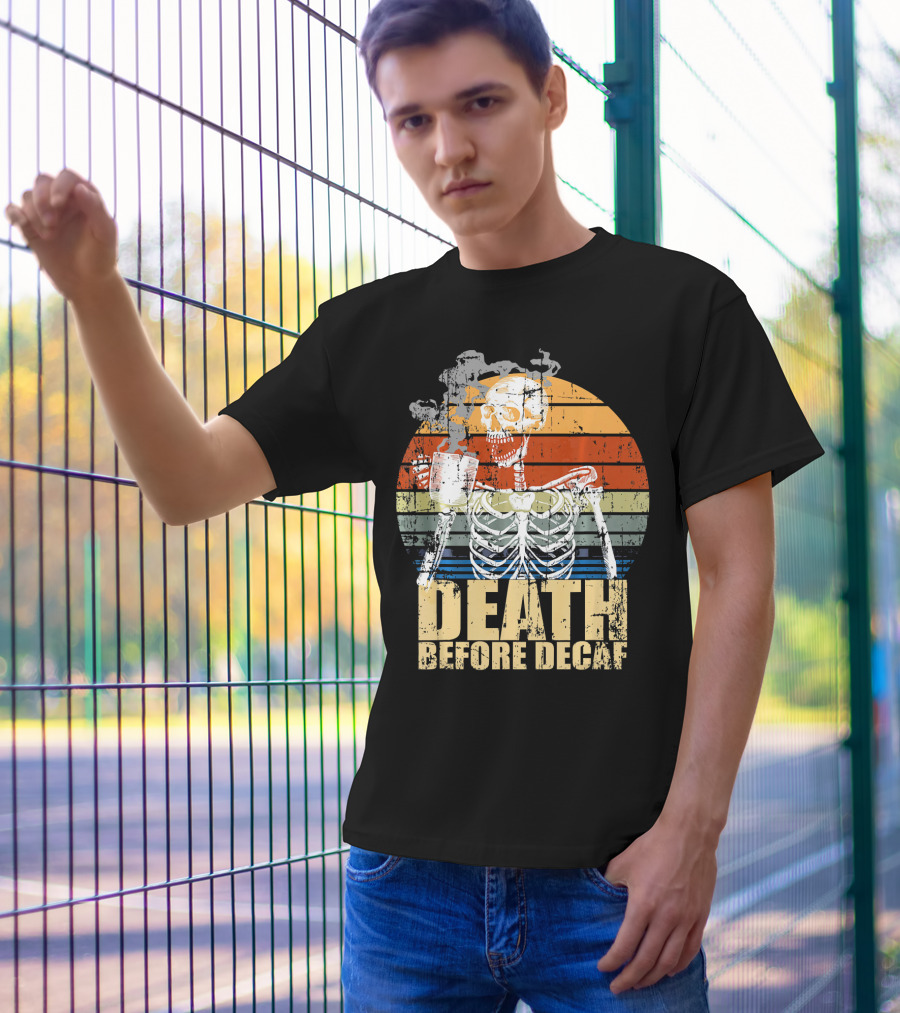 Vintage Death Before Decaf Coffee Skeleton Retro Sunset T-Shirt