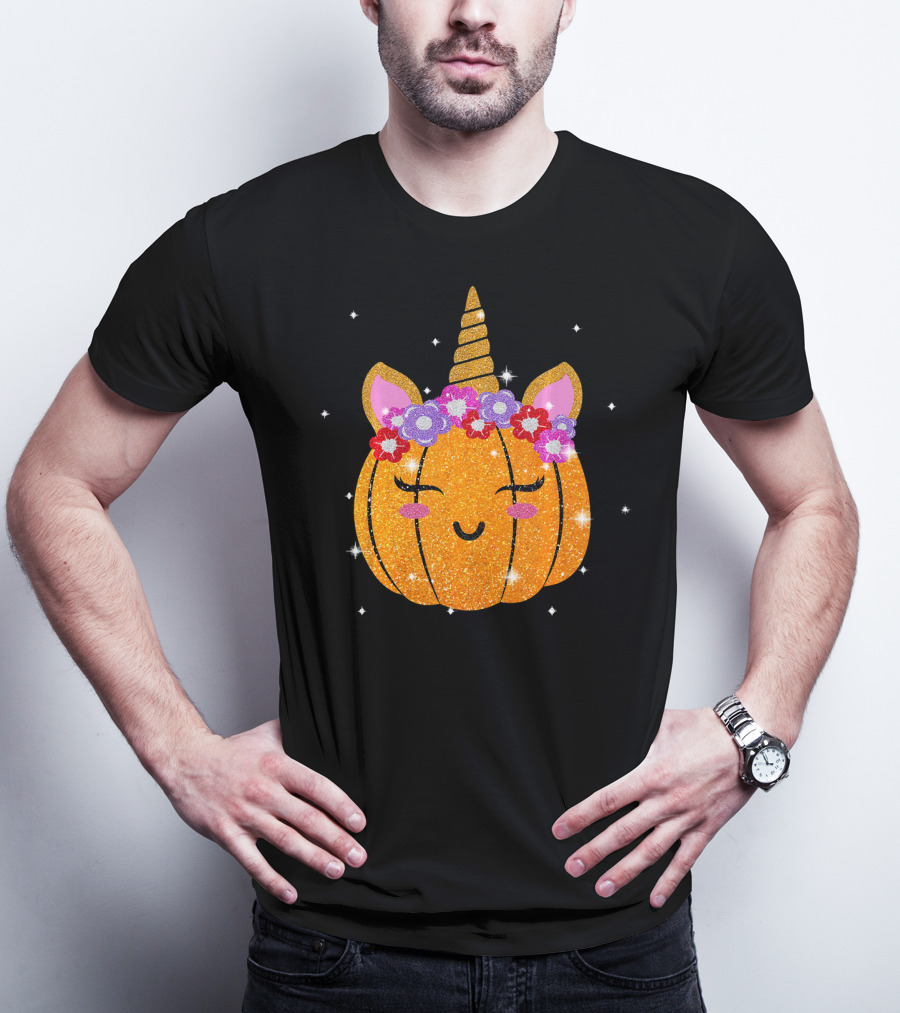 Cute Unicorn Pumpkin Glitter Funny Halloween Sparkles T-Shirt