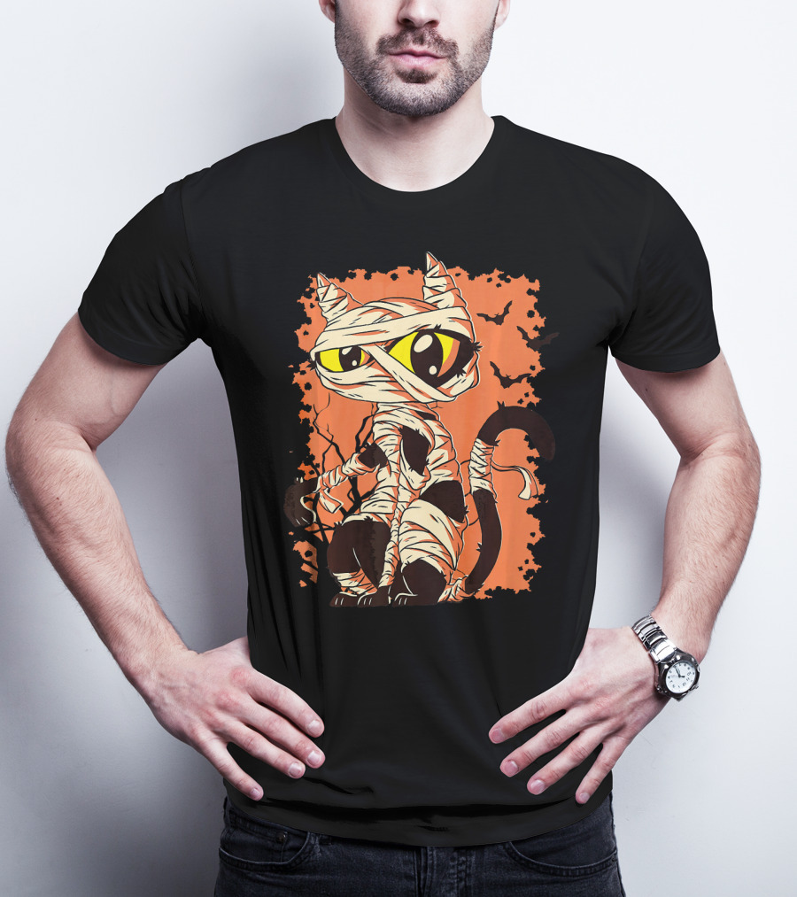Mummy Cat With Yellow Eyes And Halloween Bats T-Shirt