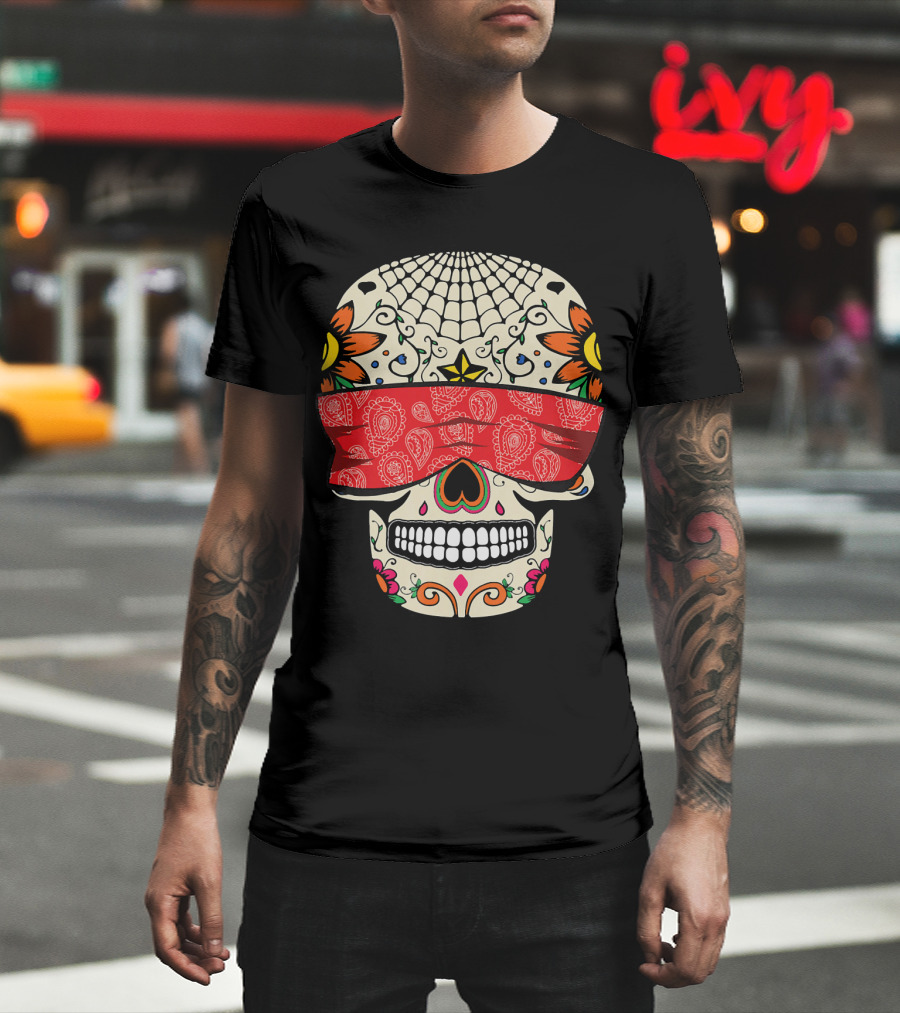 See No Evil Sugar Skull With Red Bandana And Floral Motifs T-Shirt