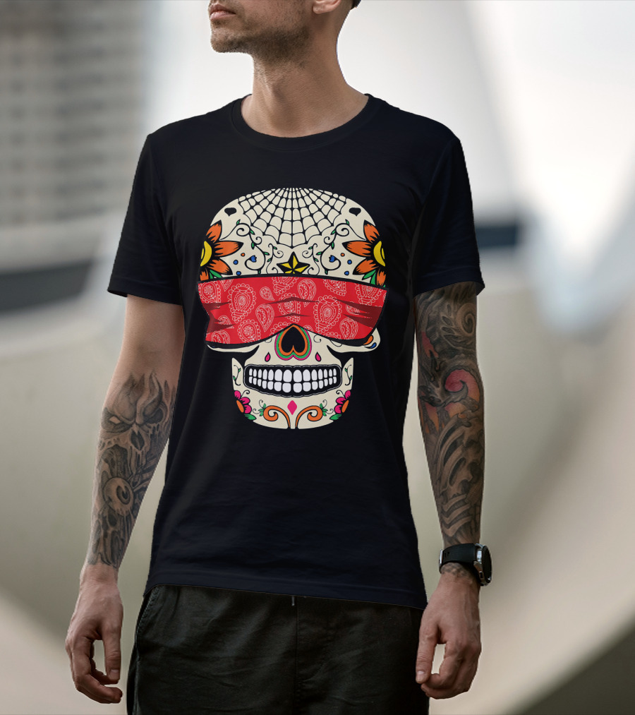 See No Evil Sugar Skull With Red Bandana And Floral Motifs T-Shirt